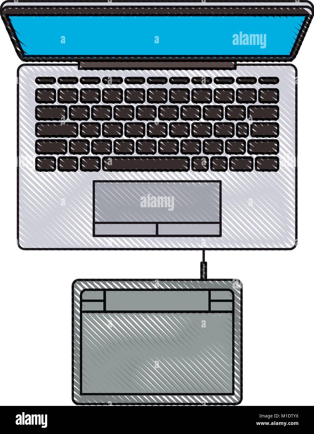 laptop computer and digitizer tablet connection on top view in colored ...