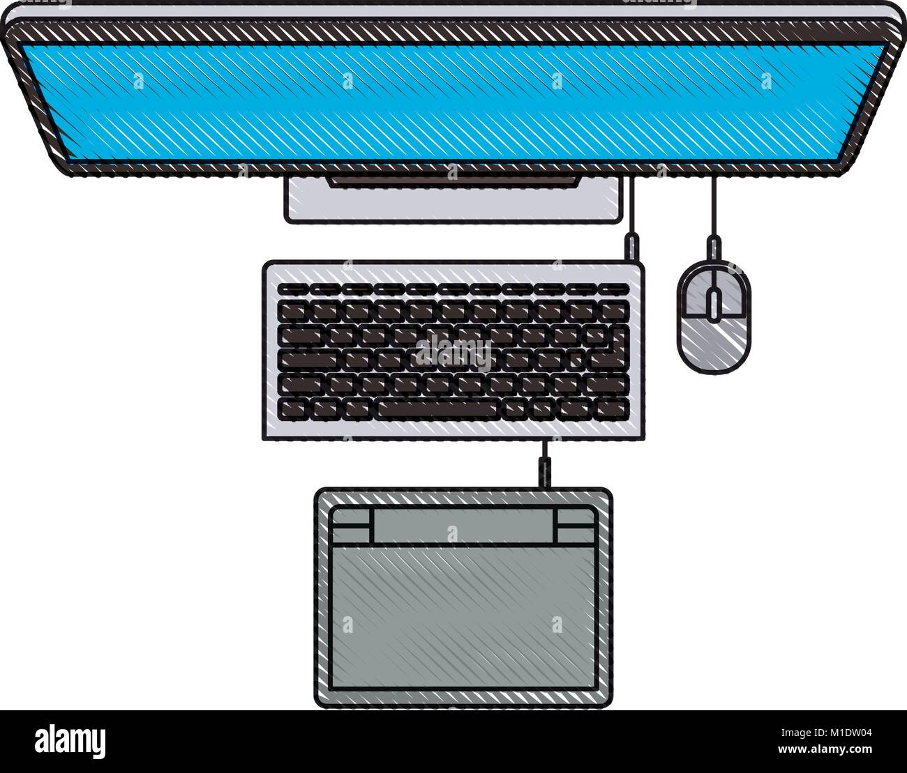 desktop computer and digitizer tablet connection on top view in colored ...