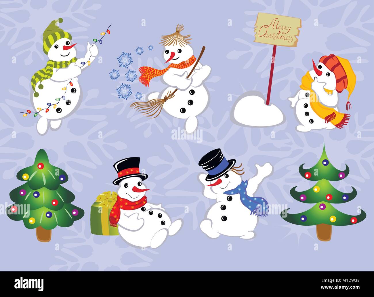 Set of winter holidays snowman on background with snowflakes. Vector ...