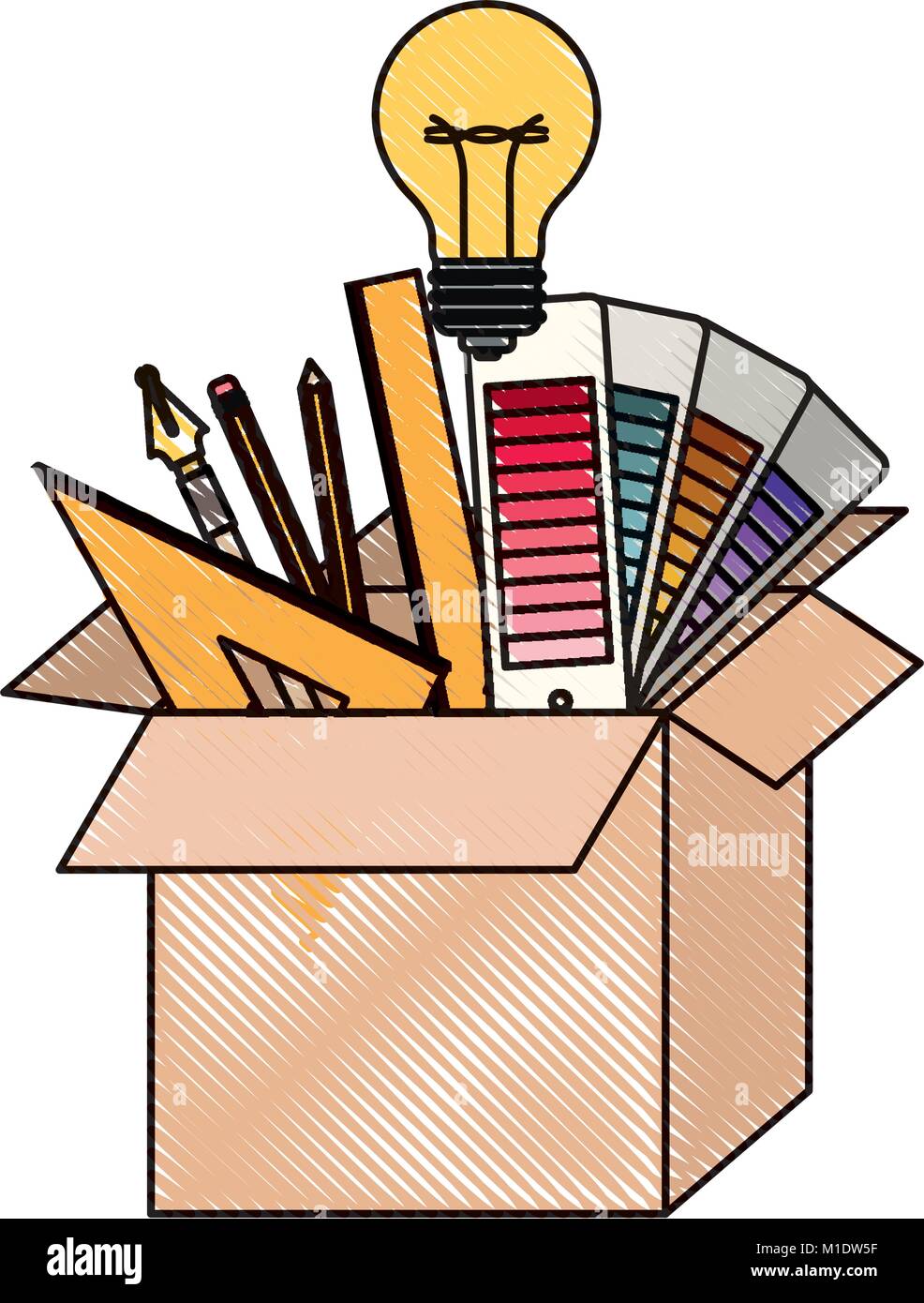 cardboard box with graph design tools creative in colored crayon ...