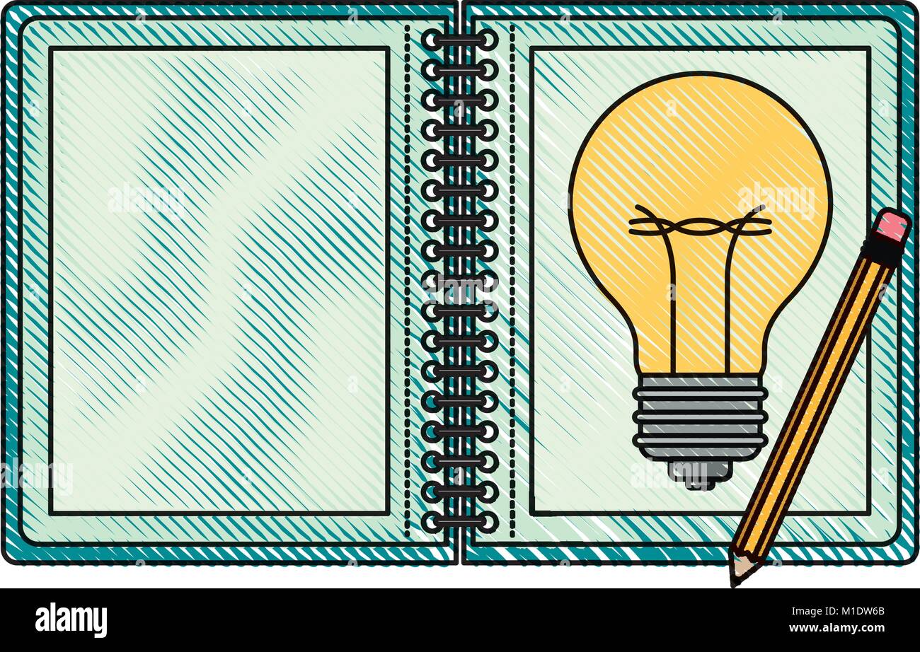 spiral notebook with light bulb in sheet and pencil in colored crayon ...