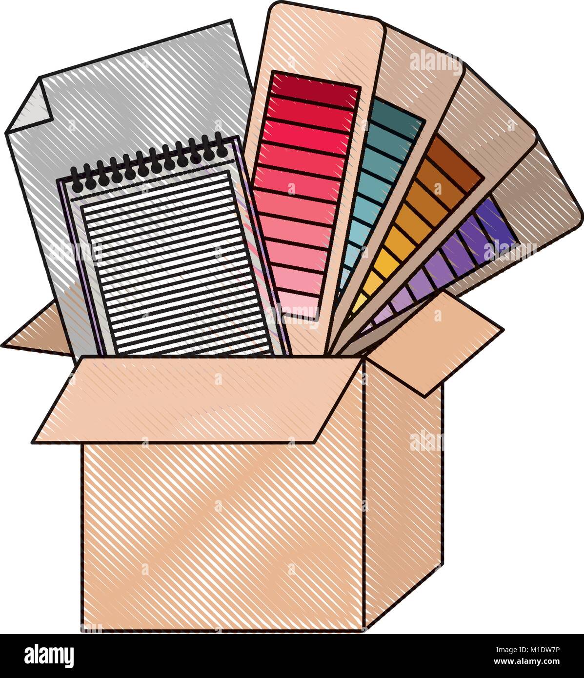 cardboard box and color palette guide and notebook and sheet blank in ...