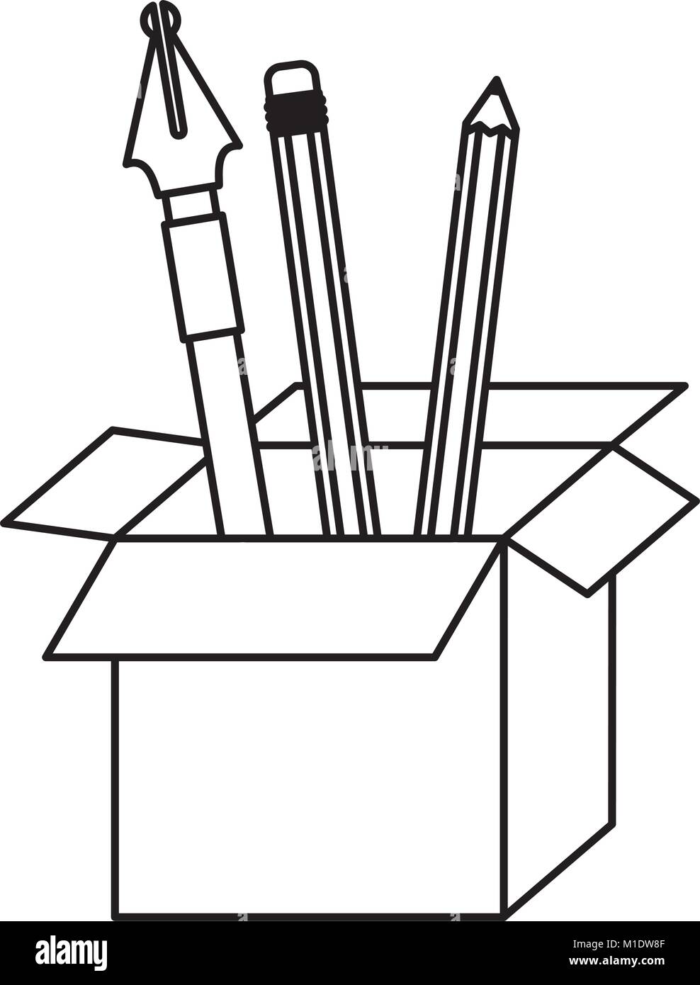 cardboard box with fountain pen and pencils in black contour Stock ...