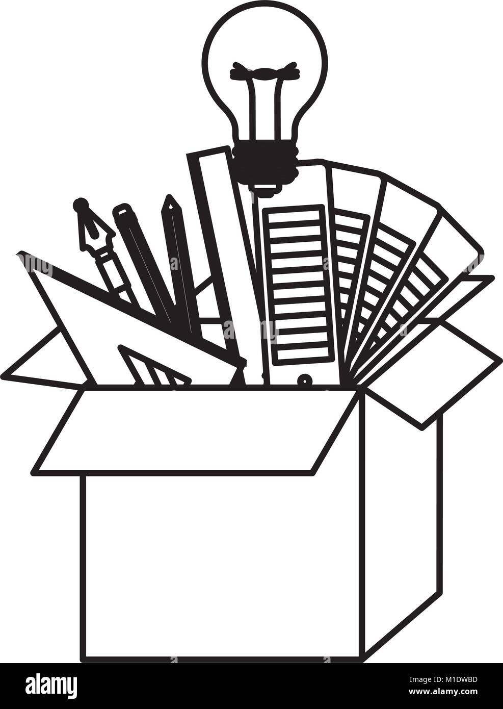 cardboard box with graph design tools creative in black contour Stock ...