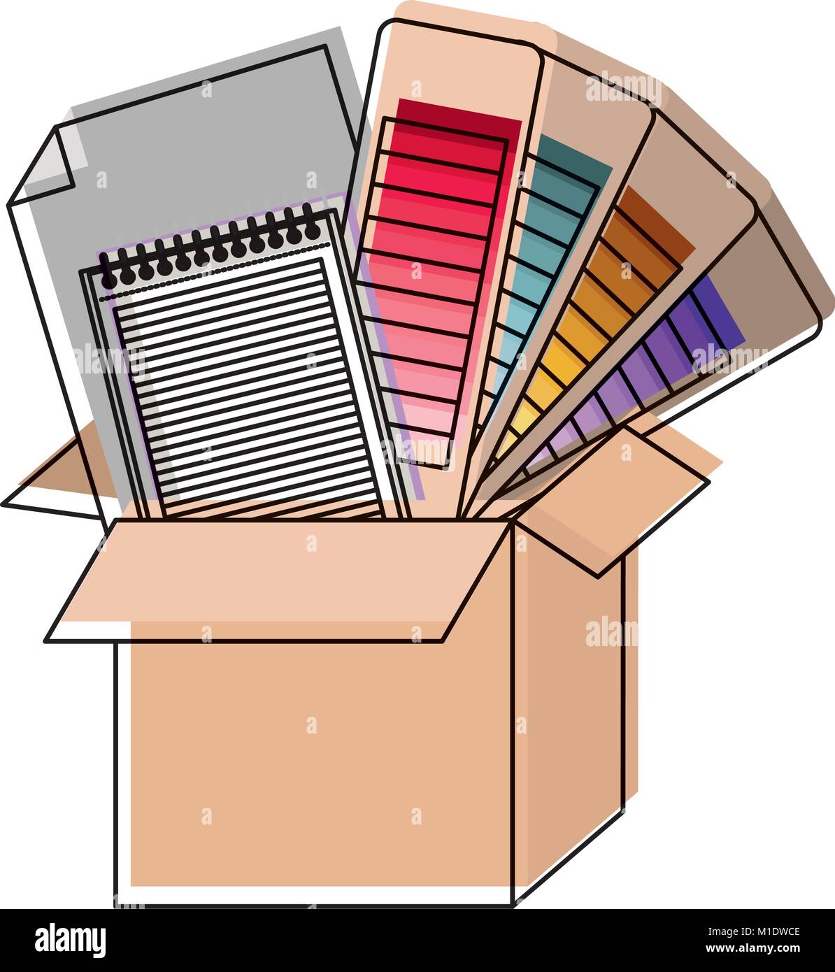 cardboard box and color palette guide and notebook and sheet blank in ...