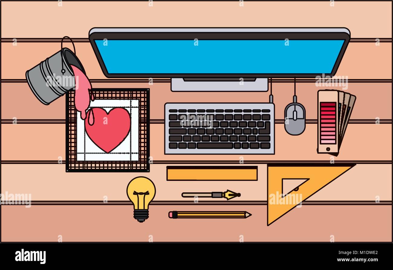 desktop computer and drawing tools over desk on top view in watercolor ...