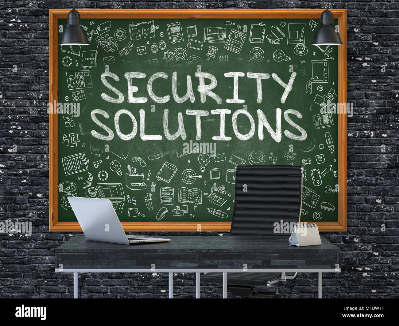 Chalkboard on the Office Wall with Security Solutions. 3d Stock Photo ...