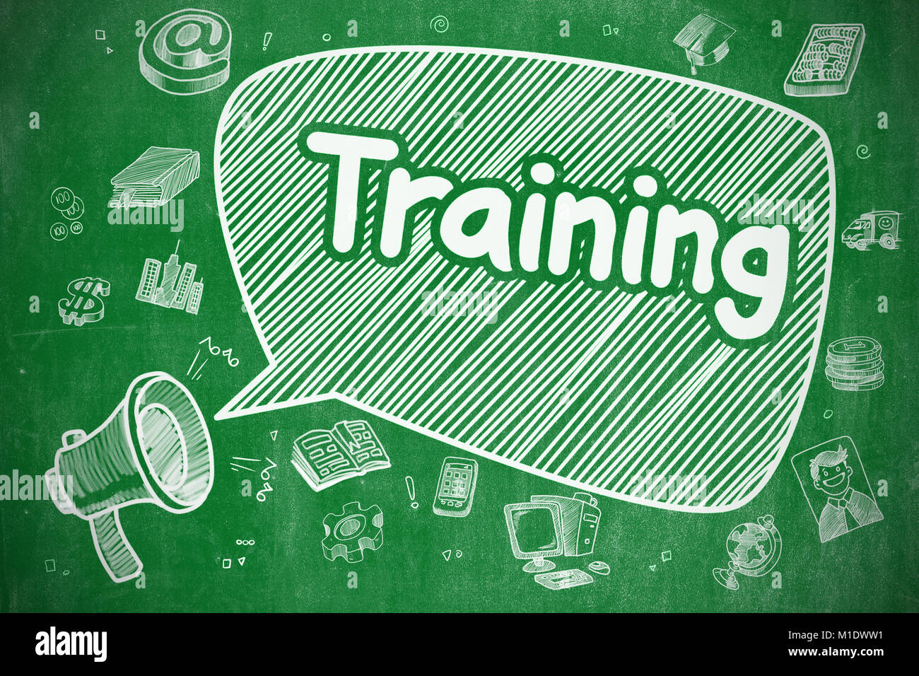 Training - Cartoon Illustration on Green Chalkboard Stock Photo - Alamy