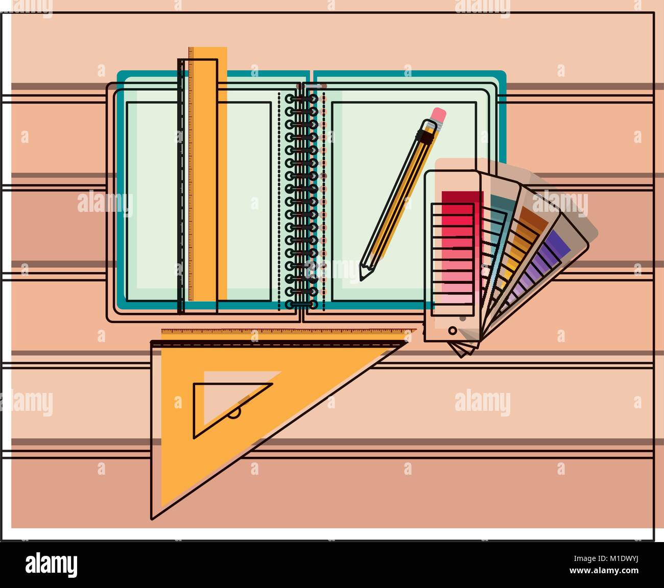drawing tools and notebook over table top view in watercolor silhouette ...