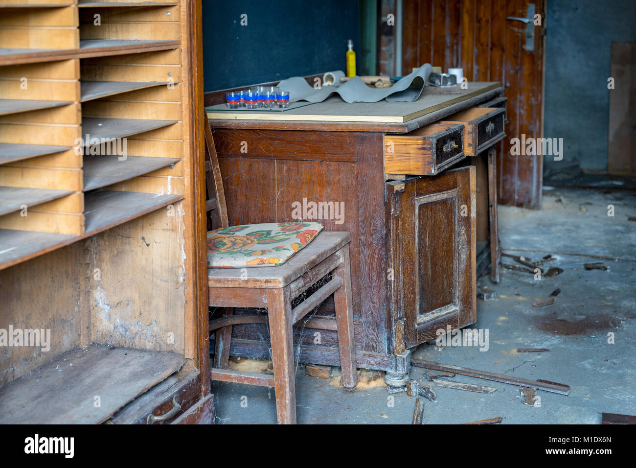 EISENBERG Germany- July 17, Abandoned office with dusty desk in ...