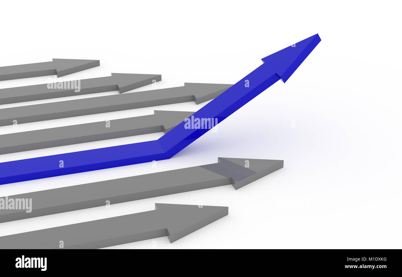 Blue rising arrow on a white background, upswing concept, 3d rendering ...