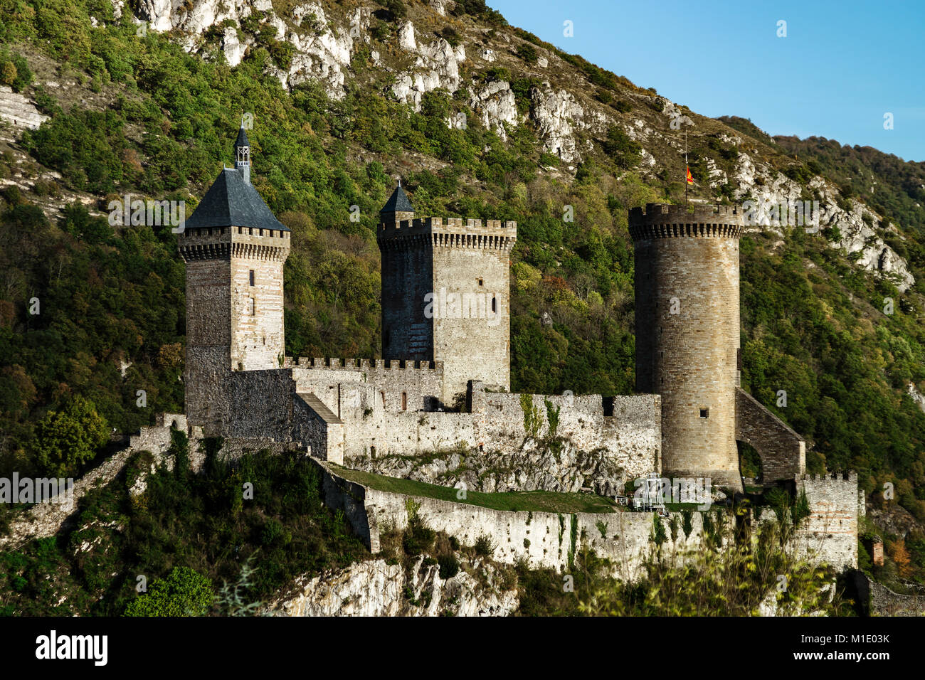 View to old medieval castle and beautiful autumnal valley, sunset, Foix ...