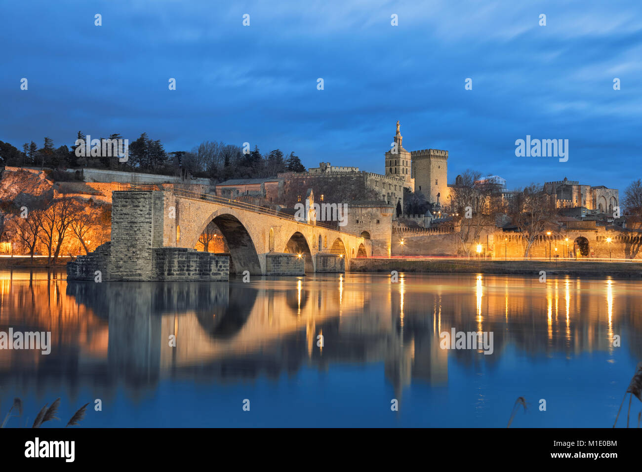 View on Pont d'Avignon 12th century bridge and city skyline reflecting ...