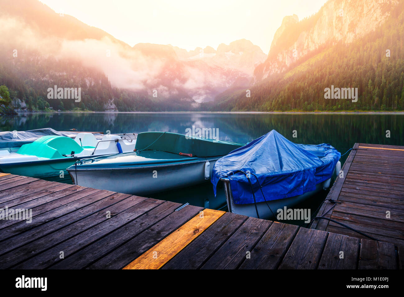 Fantastic morning on mountain lake Gosausee Stock Photo - Alamy