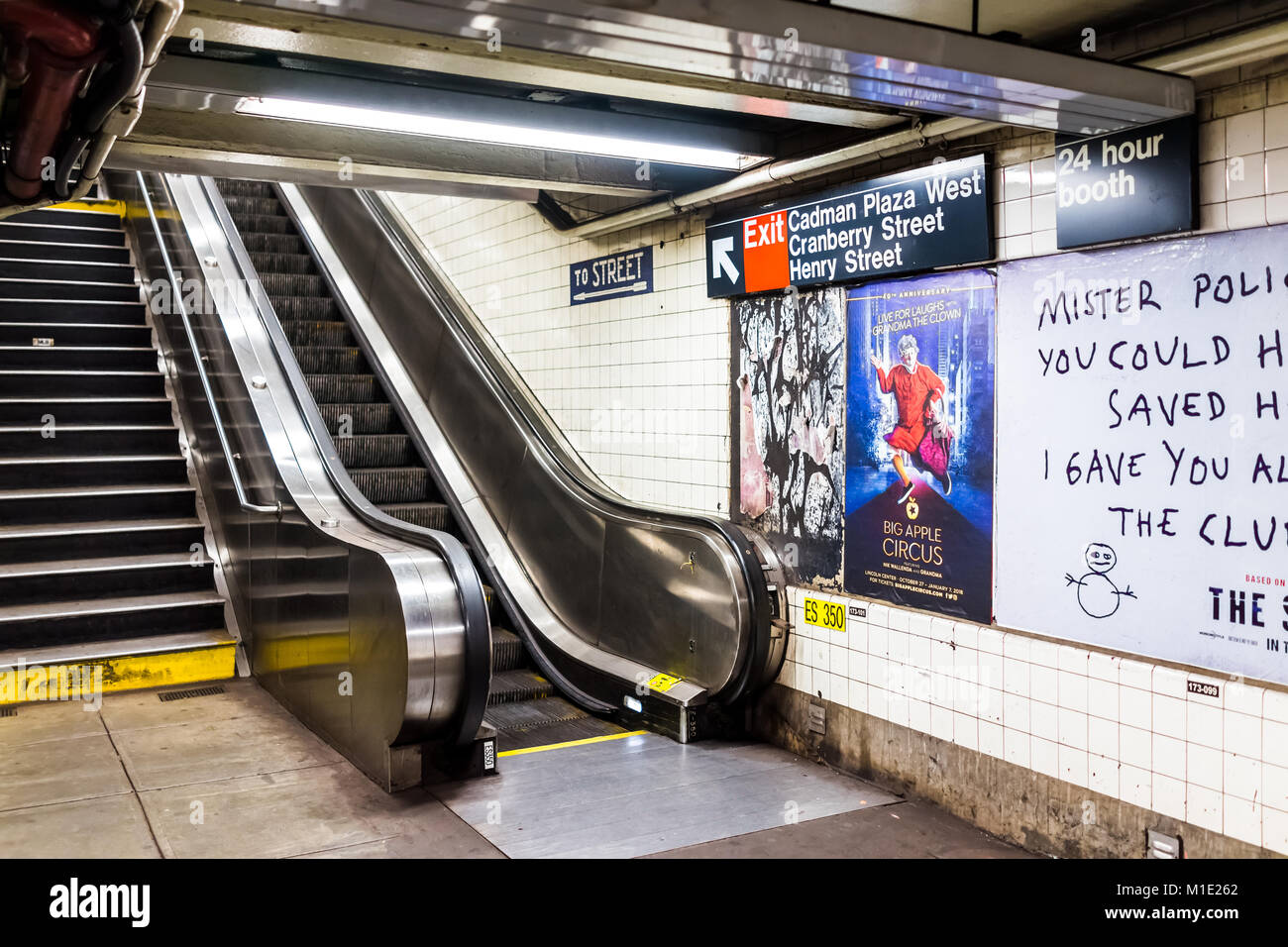 Brooklyn, USA - October 28, 2017: Empty underground transit escalator ...