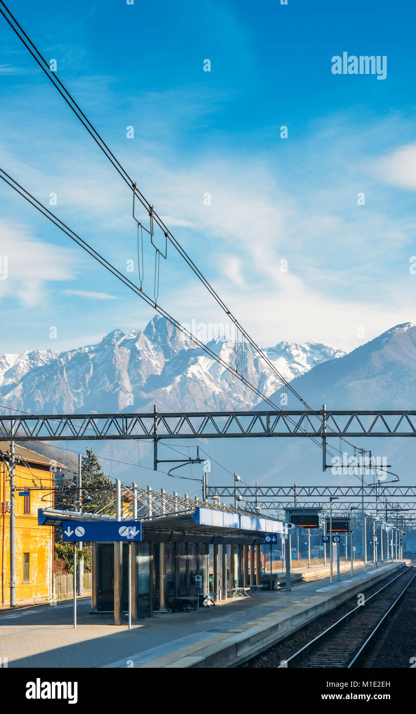 View from outside window of train at small train station and majestic ...