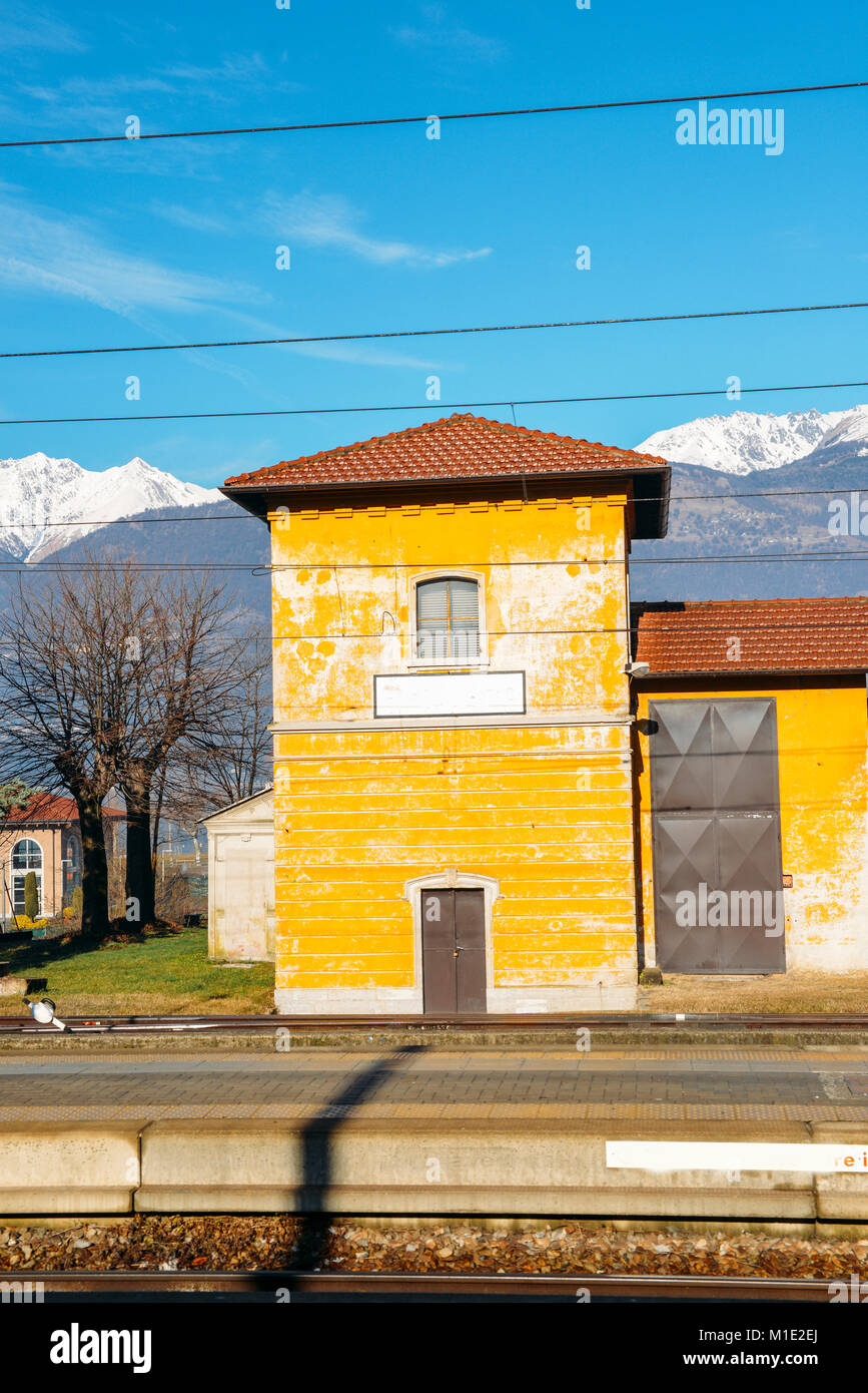 View from outside window of train at small train station and majestic ...