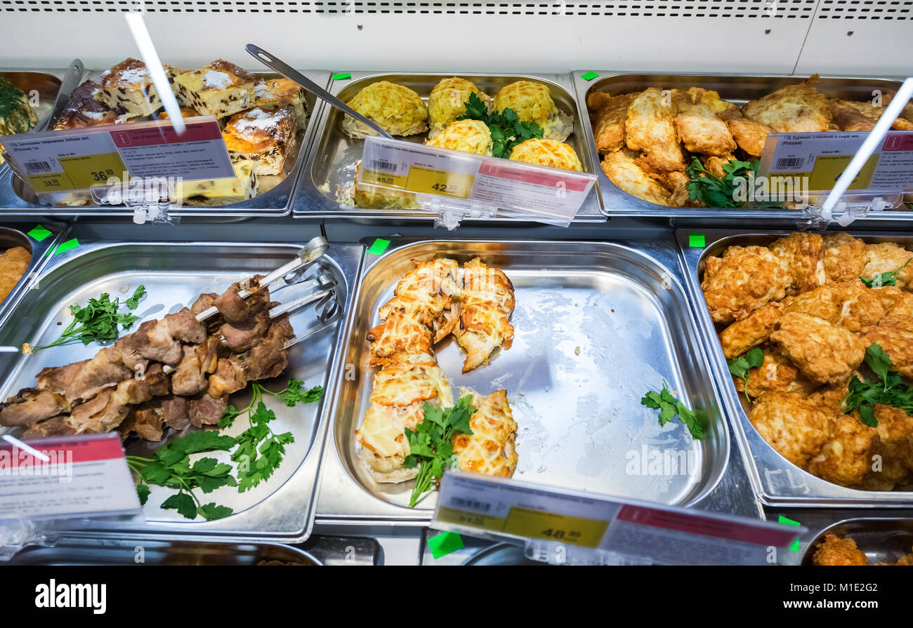 Samara, Russia - January 27, 2018: Showcase with different tasty food ...