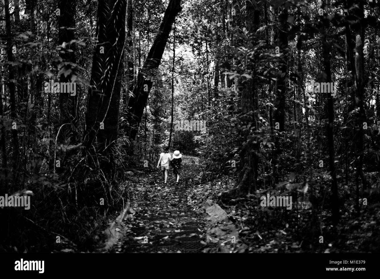 Two girls walking along a track in a rainforest, black and white ...