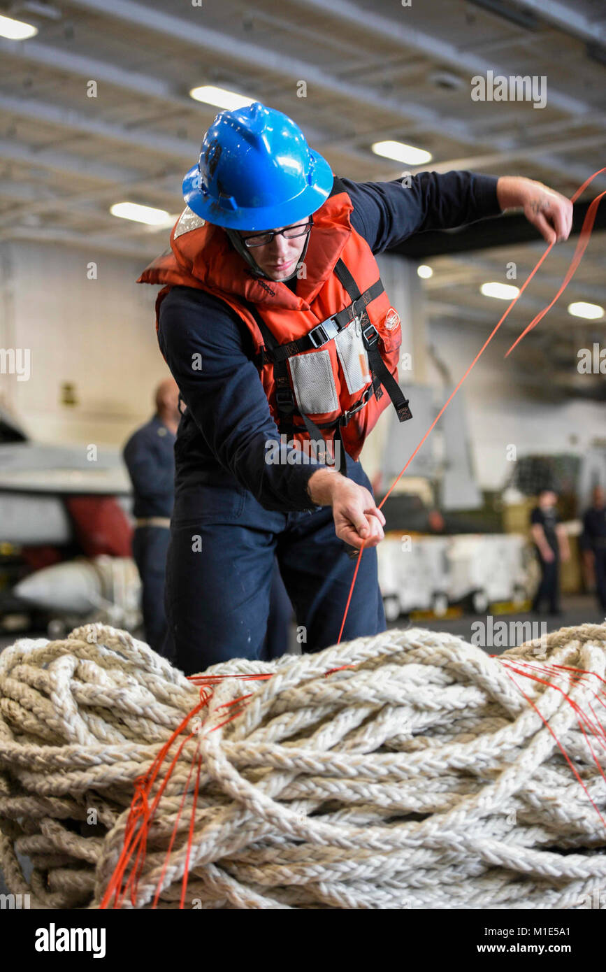 ARABIAN GULF (Jan. 4, 2018) Boatswain’s Mate Seaman Jacob Orth secures ...