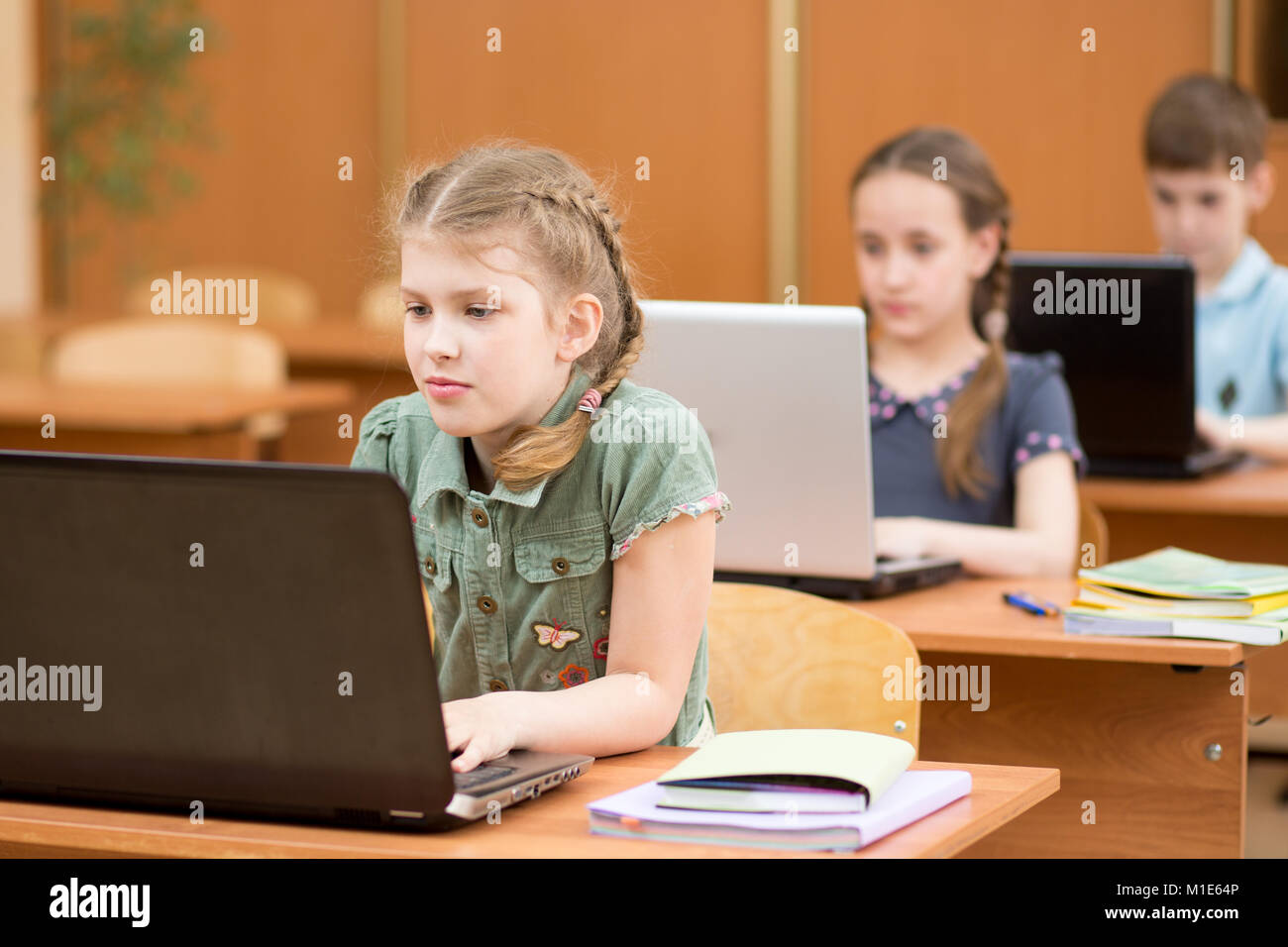 Group of elementary school children working together in computer class ...