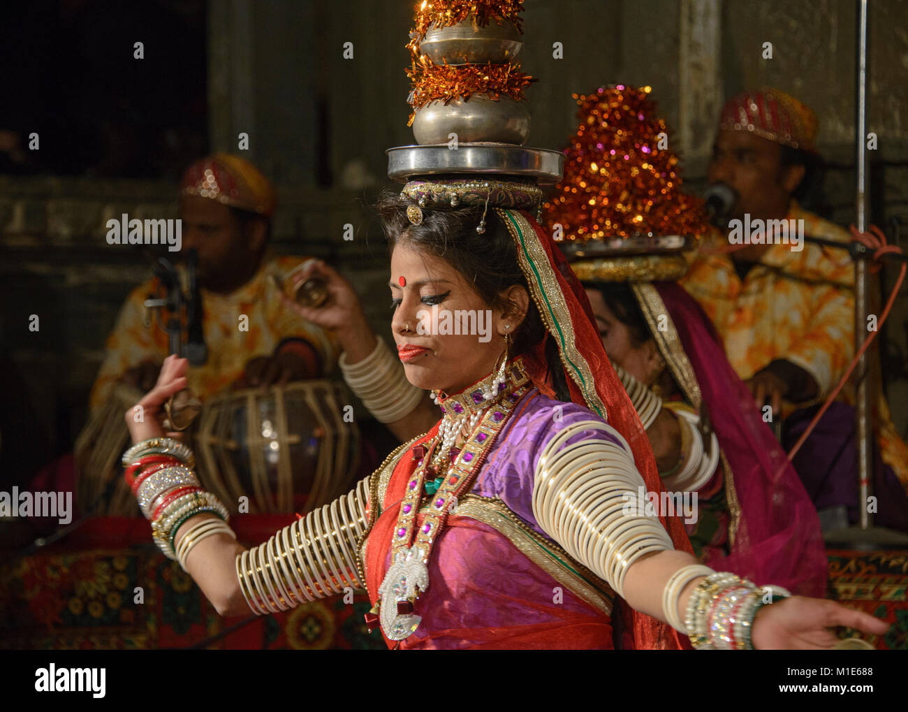 Woman performing the Terah Taali (Terah Taal) dance of the Kamada tribe ...
