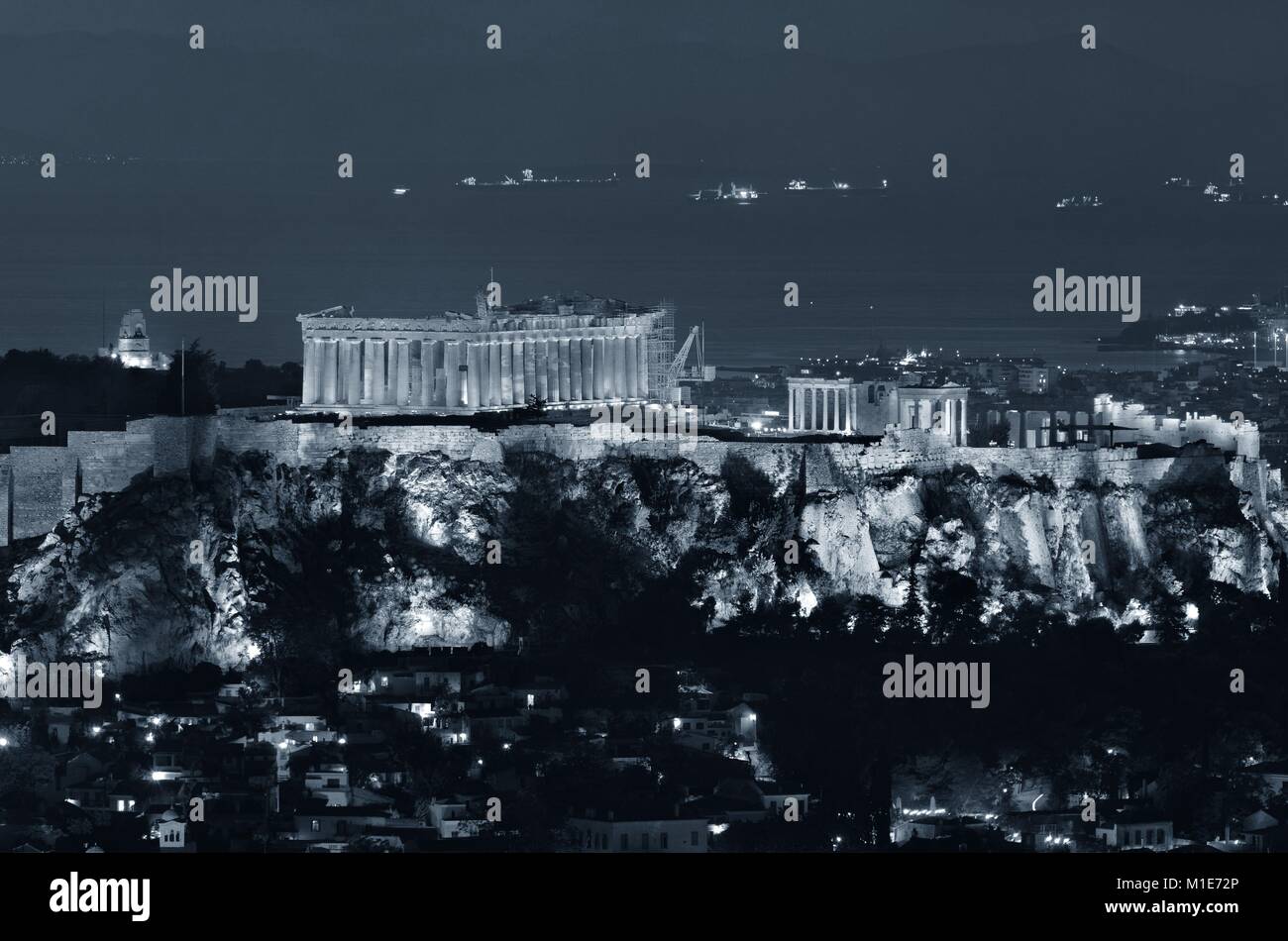 Acropolis historical ruins at night viewed from mountain, Greece Stock ...