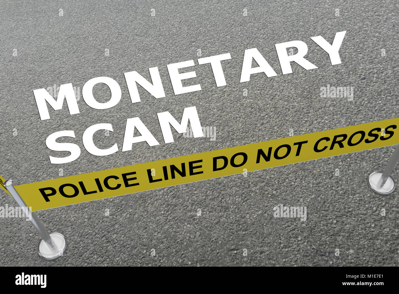 3D illustration of MONETARY SCAM title on the ground in a police arena ...