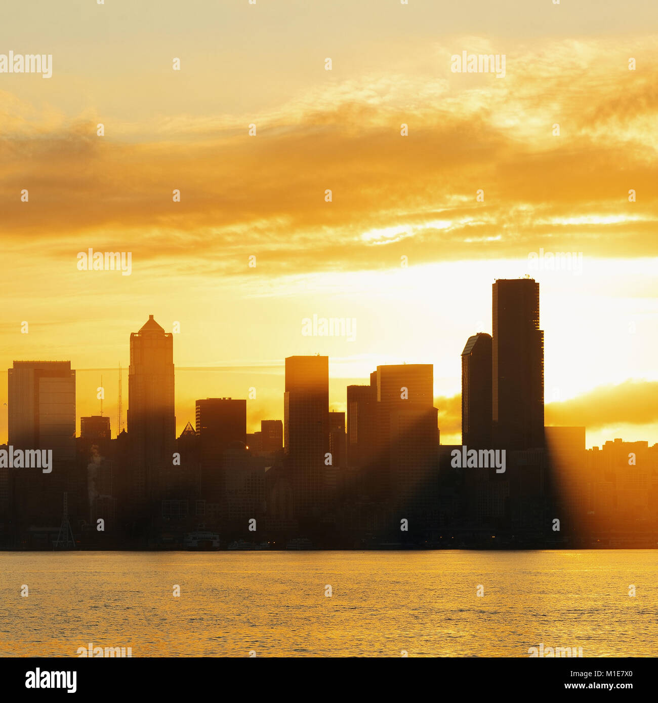 Seattle sunrise skyline silhouette view with urban office buildings ...