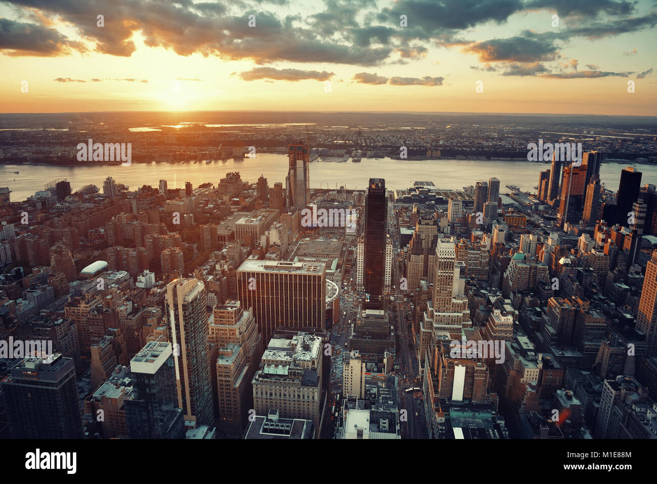 New York City west side sunset with urban cityscape view Stock Photo ...