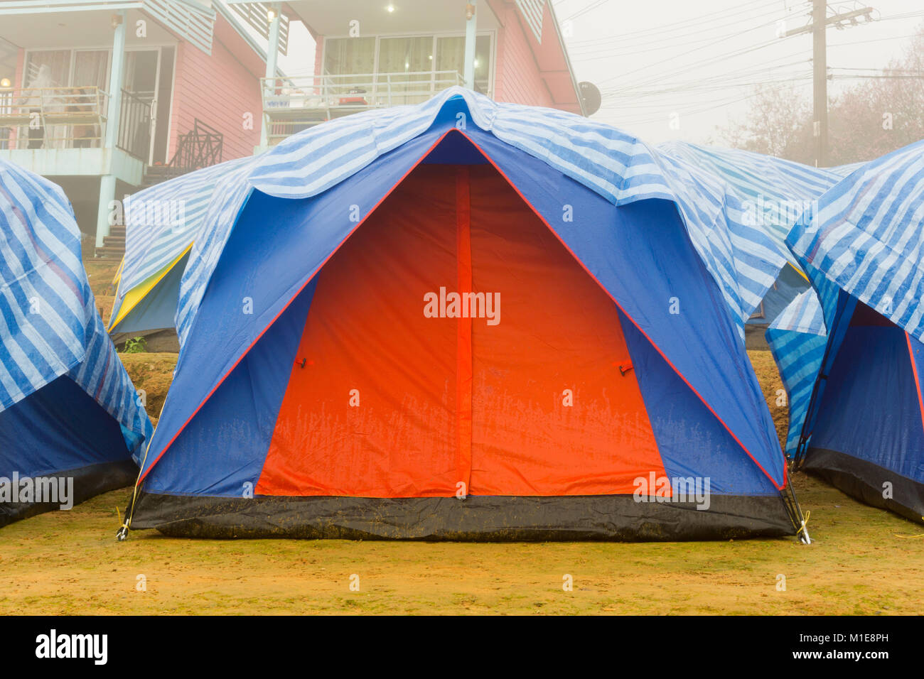 tourist tent in mist and fog. Travel tent in the morning with fog Stock ...