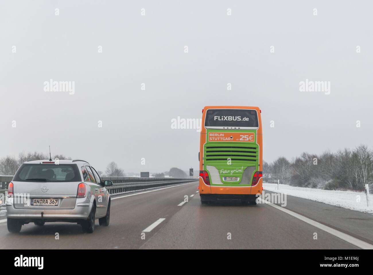 Germany, Autobahn A6 direction to Nürnberg, December 17, 2017, Flixbus ...
