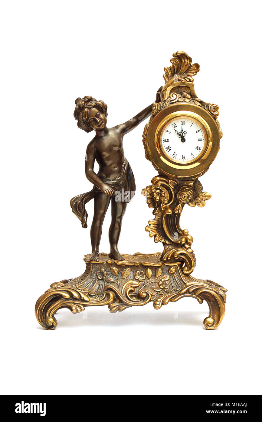 Antique clock with figurine of women isolated on white background Stock ...
