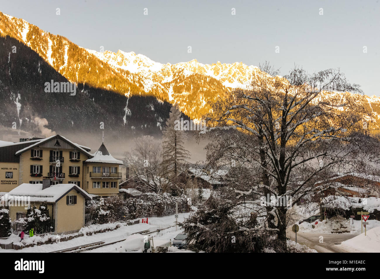 Snowy Chamonix de Mont Blanc on a Christmas Day Stock Photo - Alamy