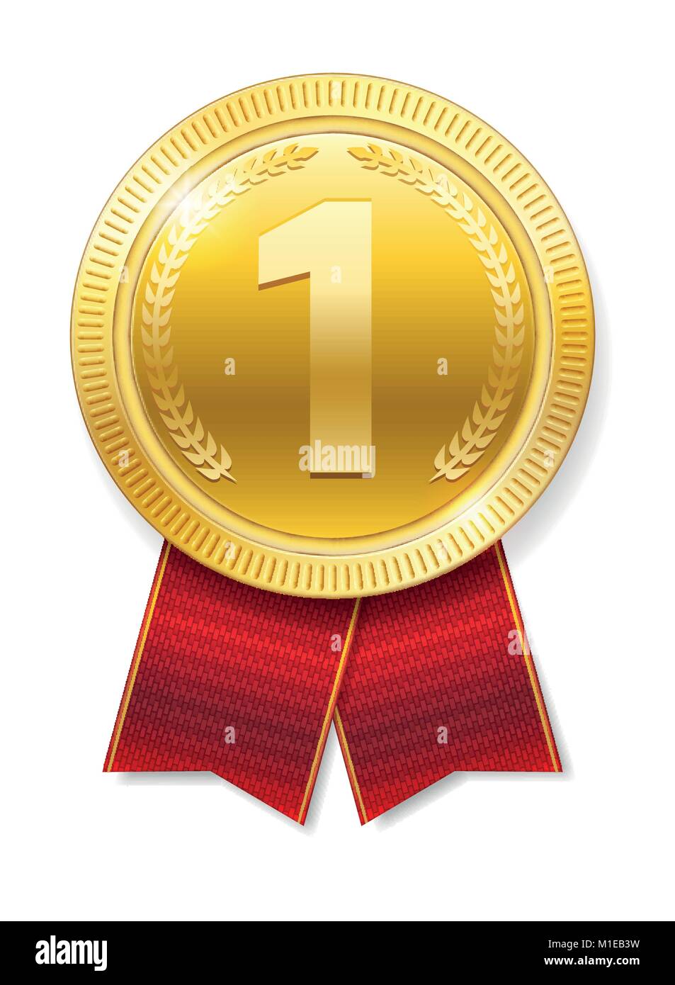 Realistic Gold medal with red ribbons for Winner isolated. Honor prize. Vector illustration ...