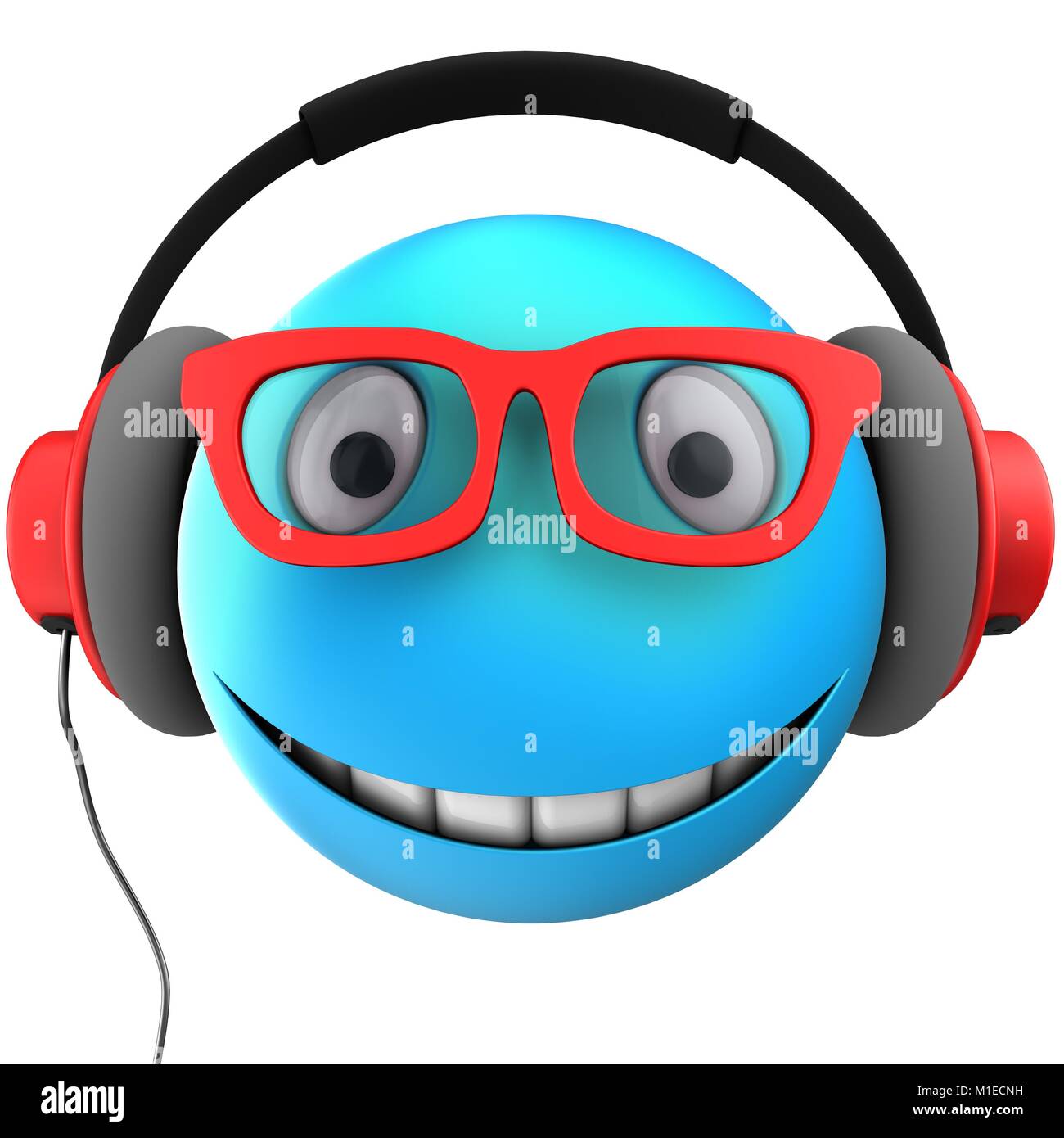 3d illustration of blue emoticon smile with red headphones over white ...
