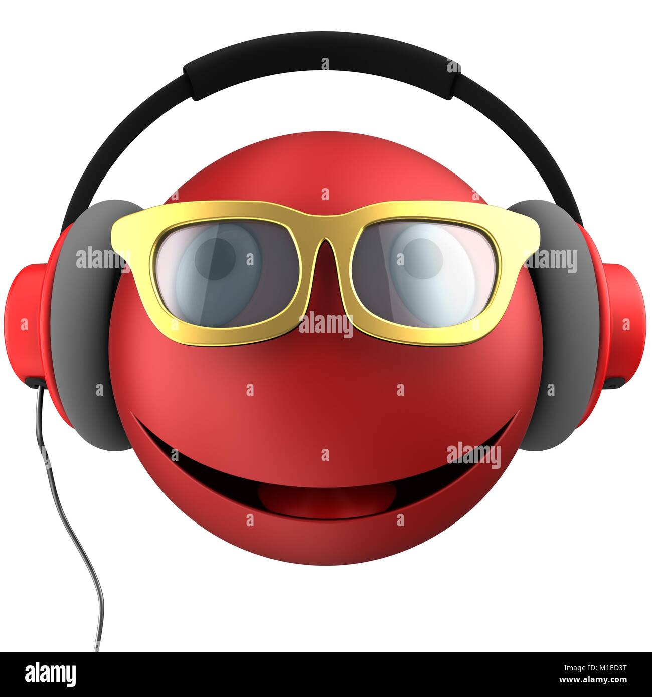 3d illustration of red emoticon smile with red headphones over white ...
