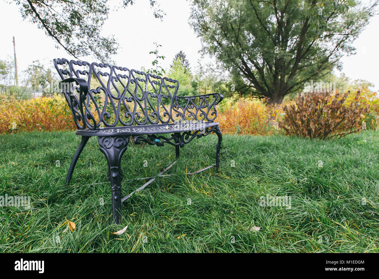 wrought-iron bench on the grass Stock Photo - Alamy