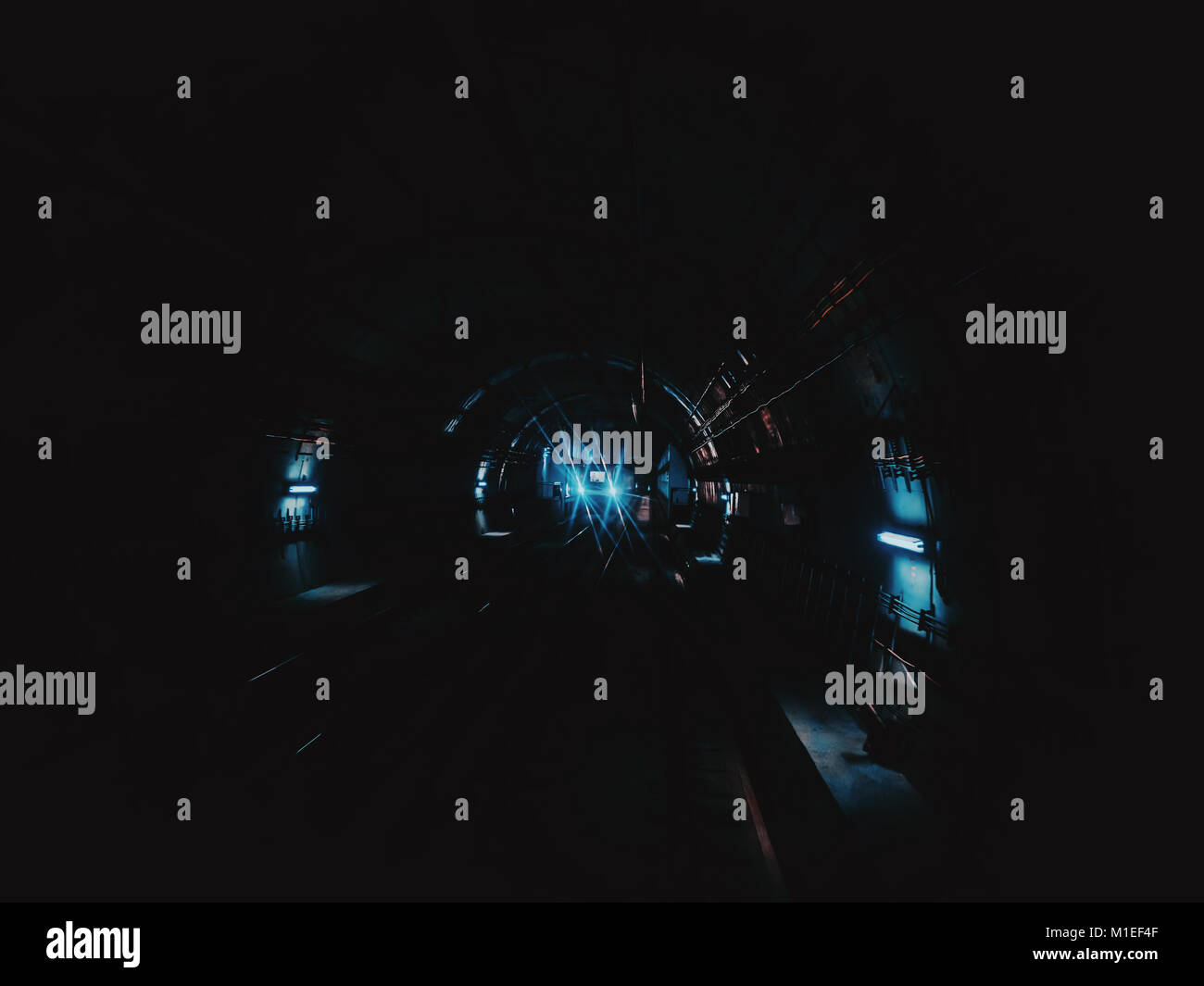 View of a subway tunnel from the front of a moving train. Fast ...