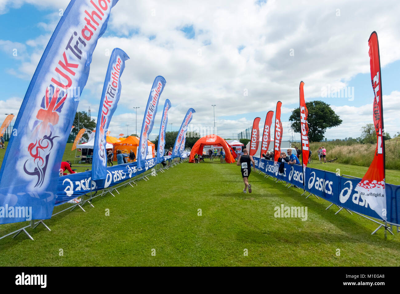 UK Triathlon banners at the finish line of the York Triathlon, York ...