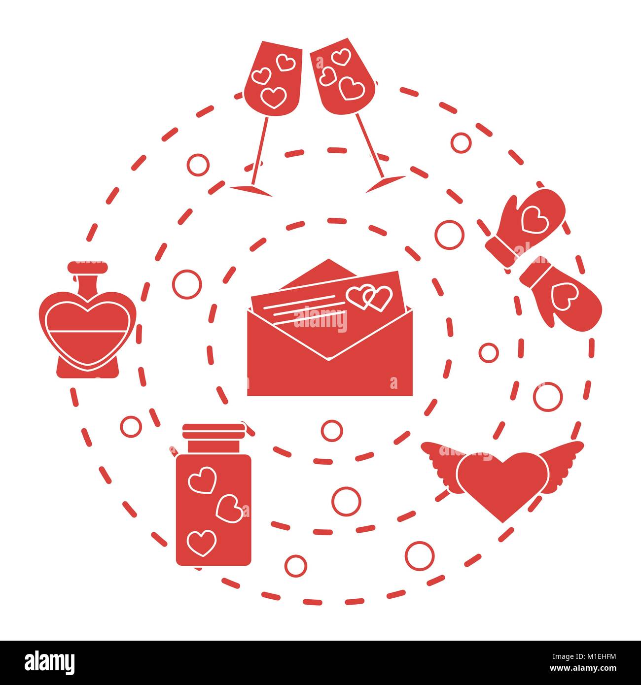 Romantic symbols arranged in a circle. Stemware, envelope with letter ...