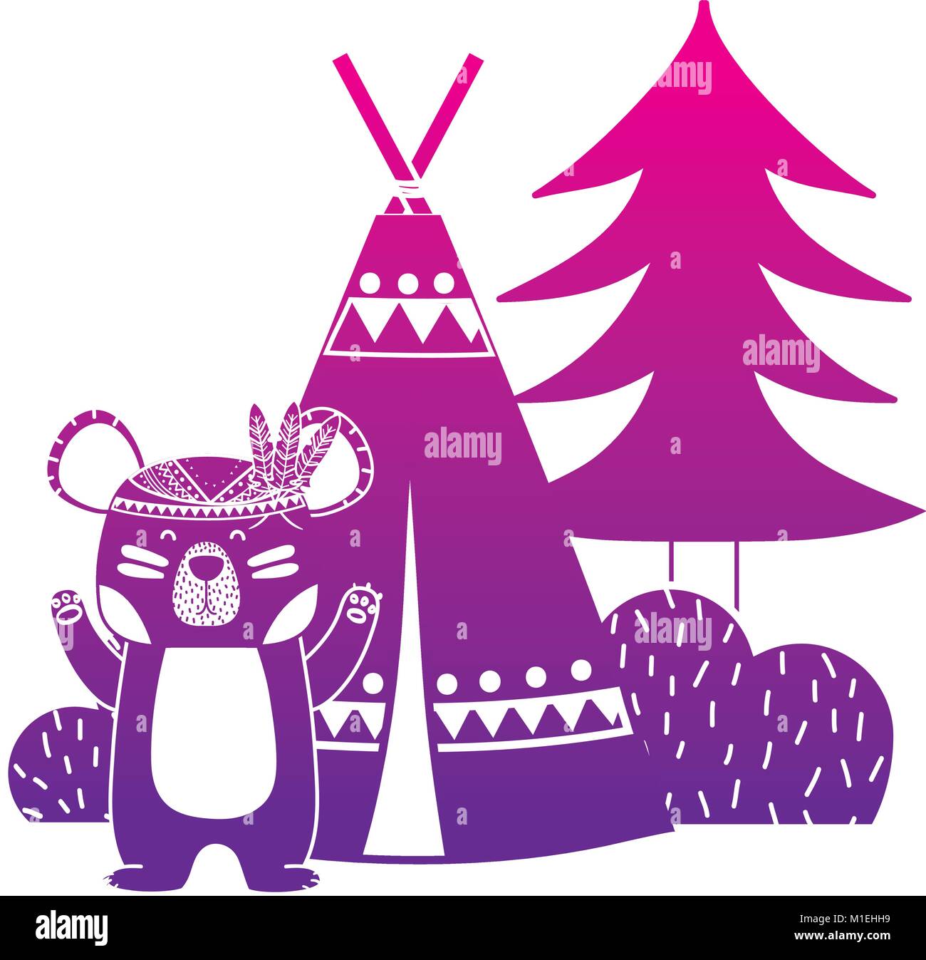color silhouette bear animal with camp next to bush and pine tree ...