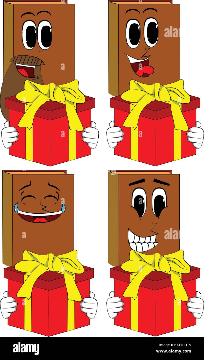 Books holding big gift box. Cartoon book collection with happy faces ...