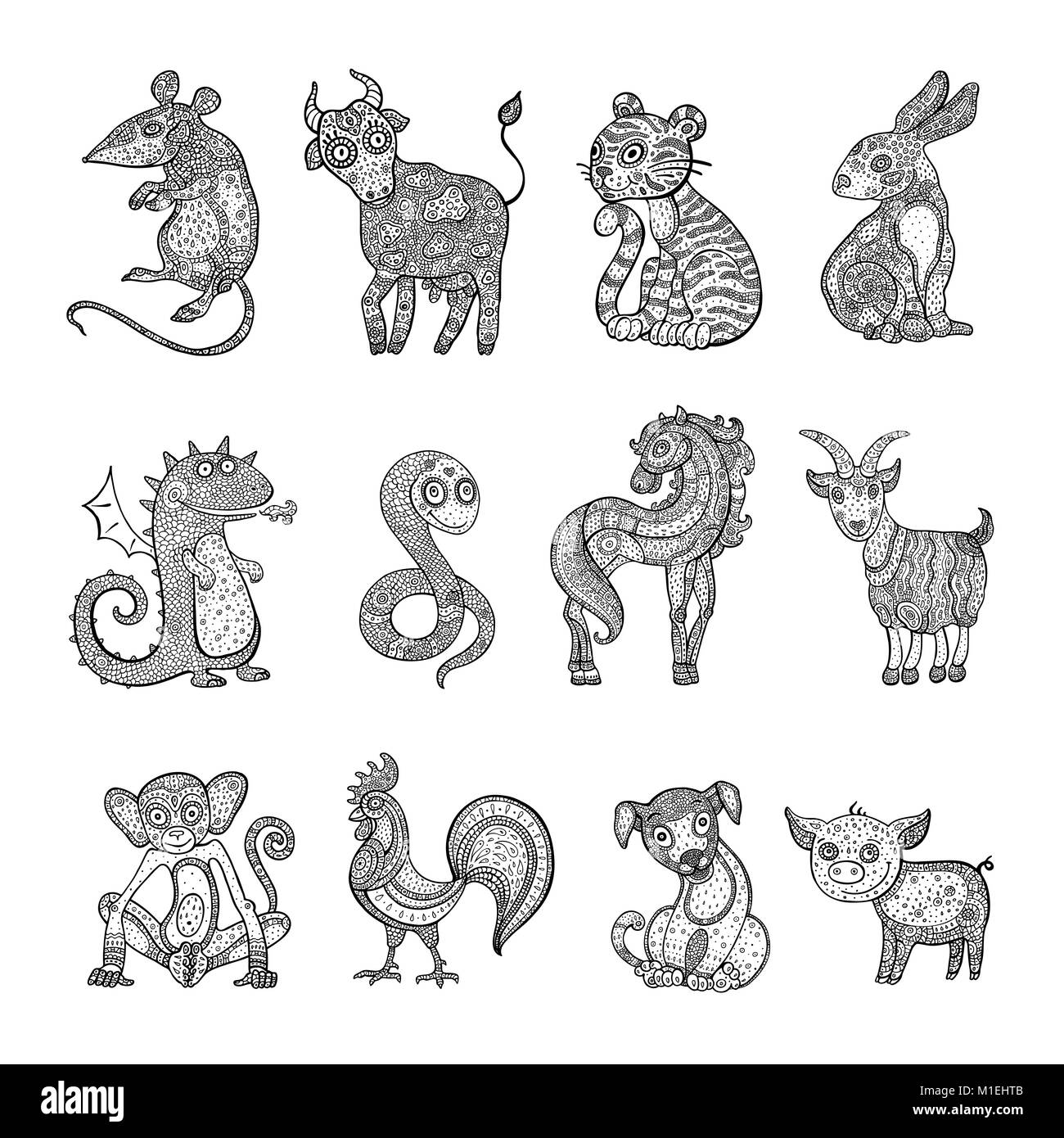Chinese zodiac. Set of zodiac signs. Hand drawn illustration, cartoon ...