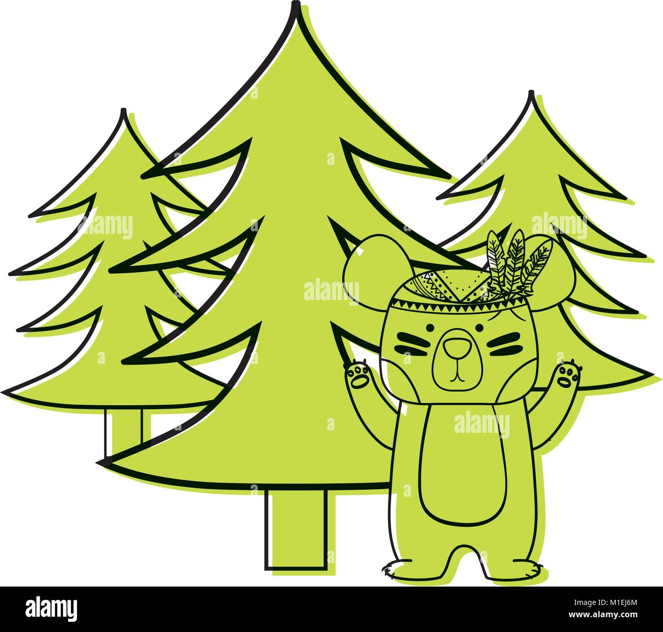 color ethnic bear animal with pine trees vector illustration Stock ...