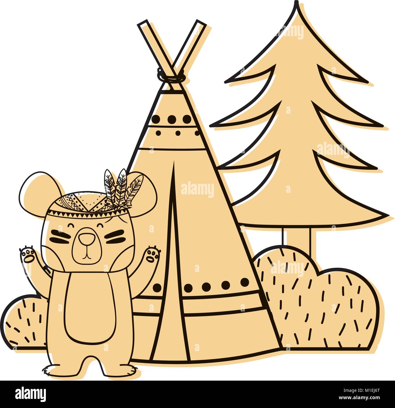 color bear animal with camp next to bush and pine tree vector ...