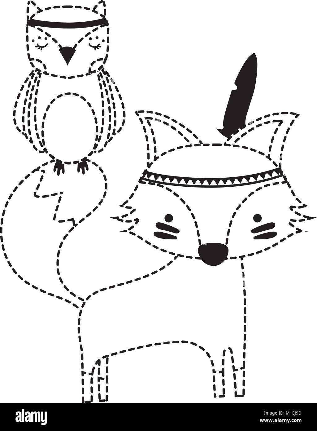 dotted shape owl and fox animals with feathers design vector ...