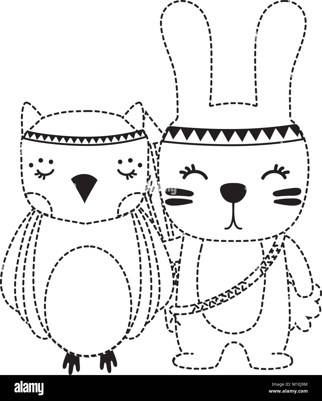 dotted shape owl and rabbit animals with feathers design vector ...