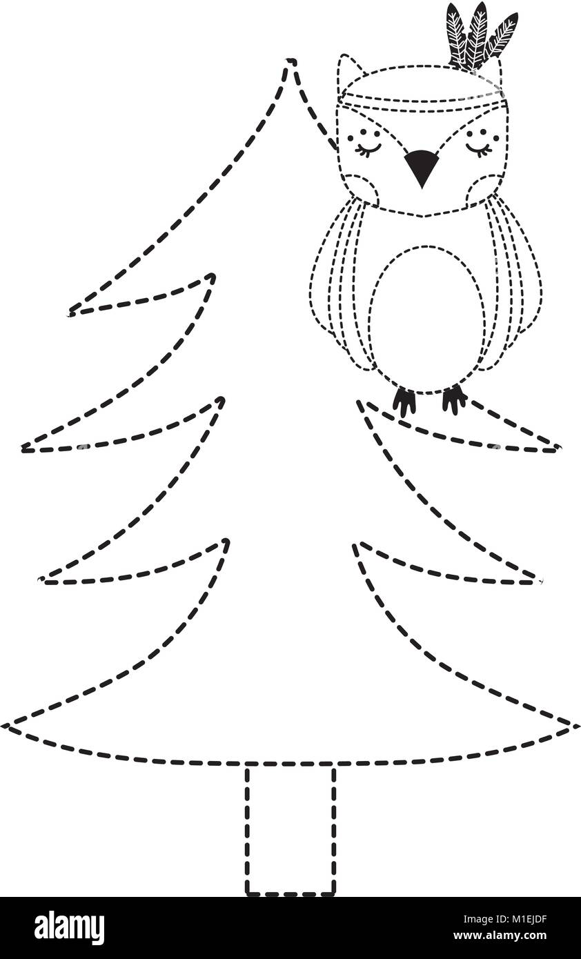 dotted shape ethnic owl animal in pine tree vector illustration Stock ...