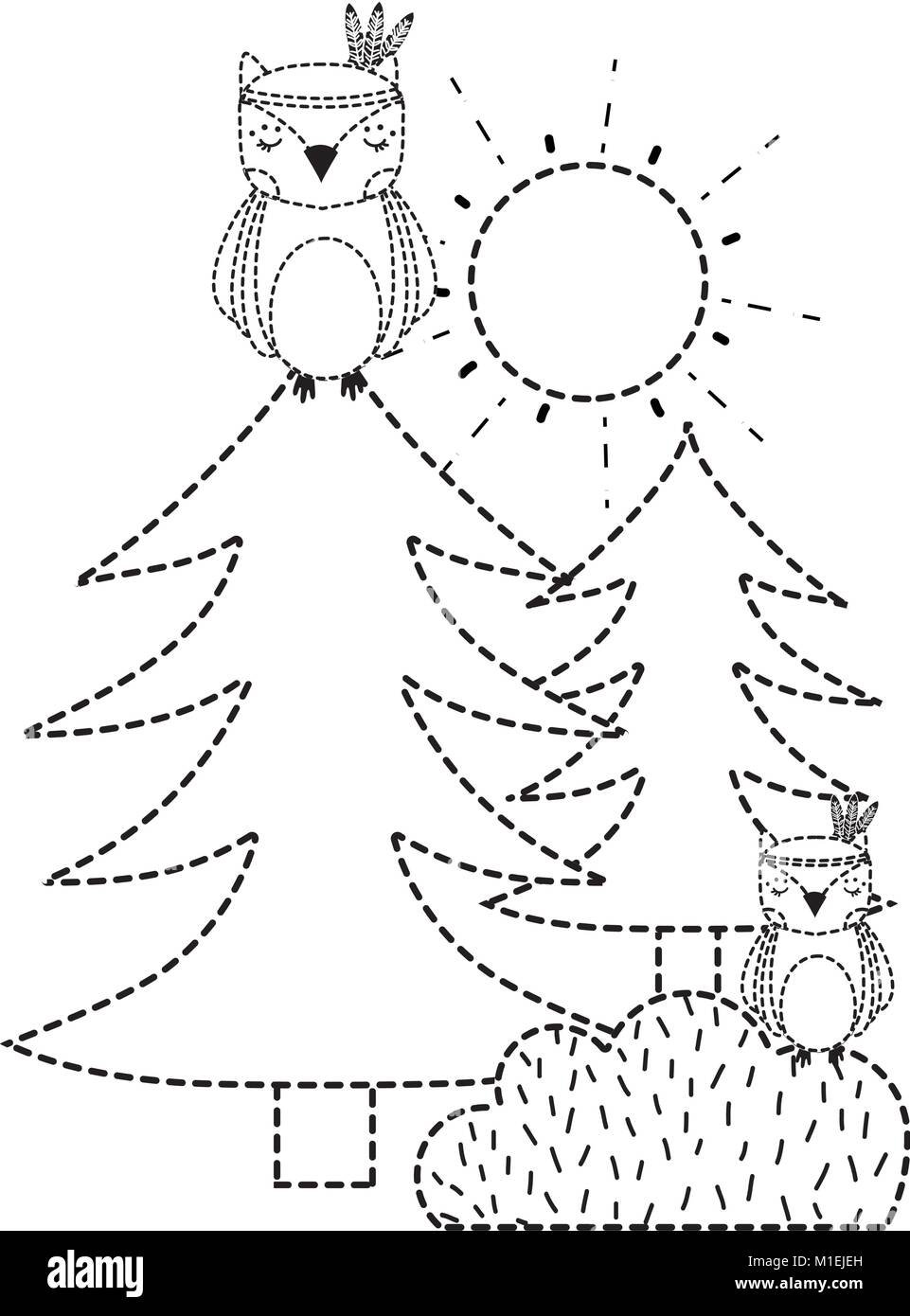 dotted shape ethnic owls animals with pine trees and bushes vector ...